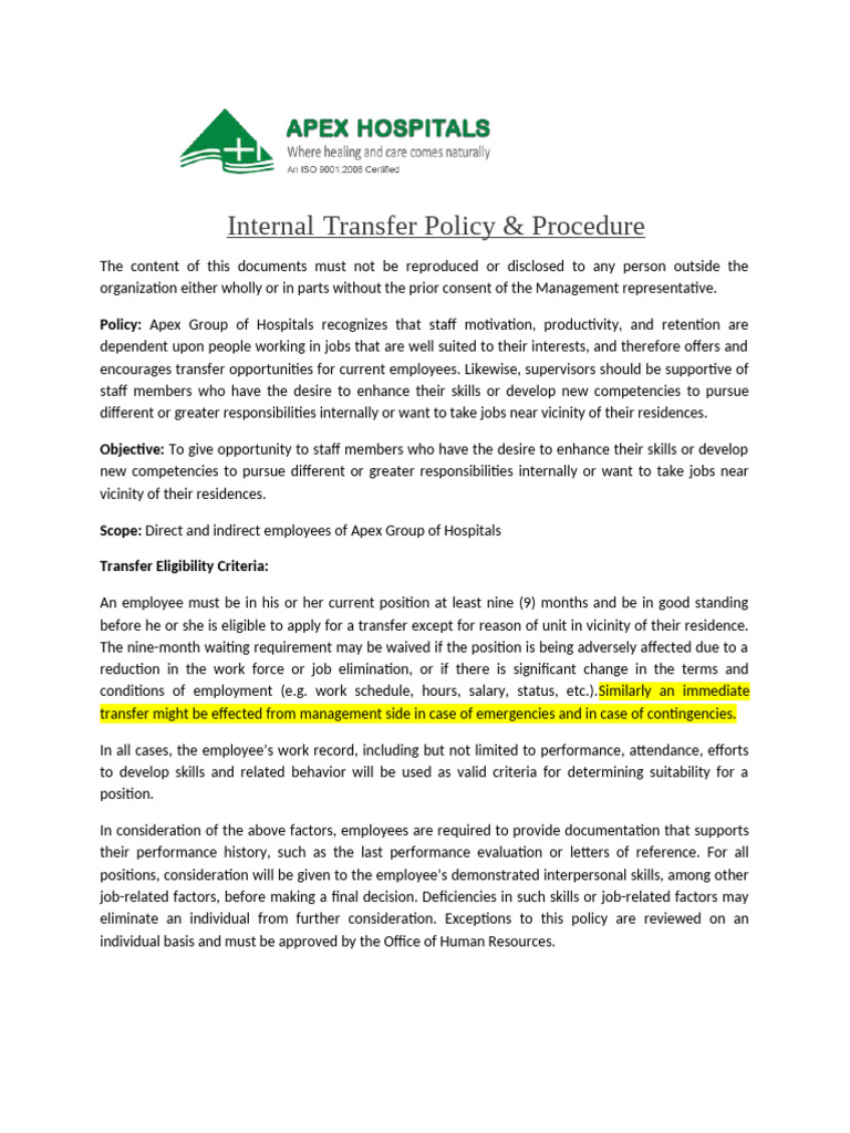 Internal Transfer Policy | PDF | Employment | Salary