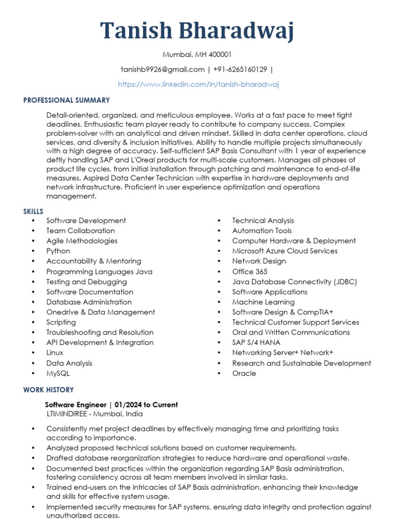 SAP Basis Consultant & Software Engineer Resume | PDF | Cloud Computing | Software