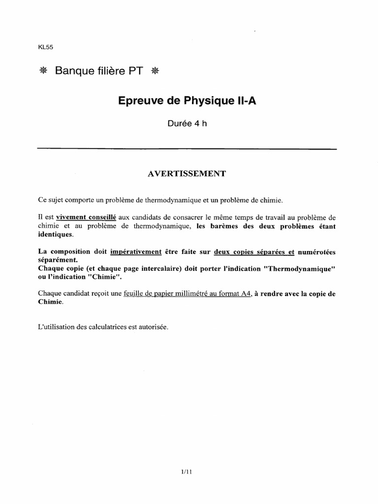 Banque PT 2003 Physique Chimie 2a Epreuve | PDF