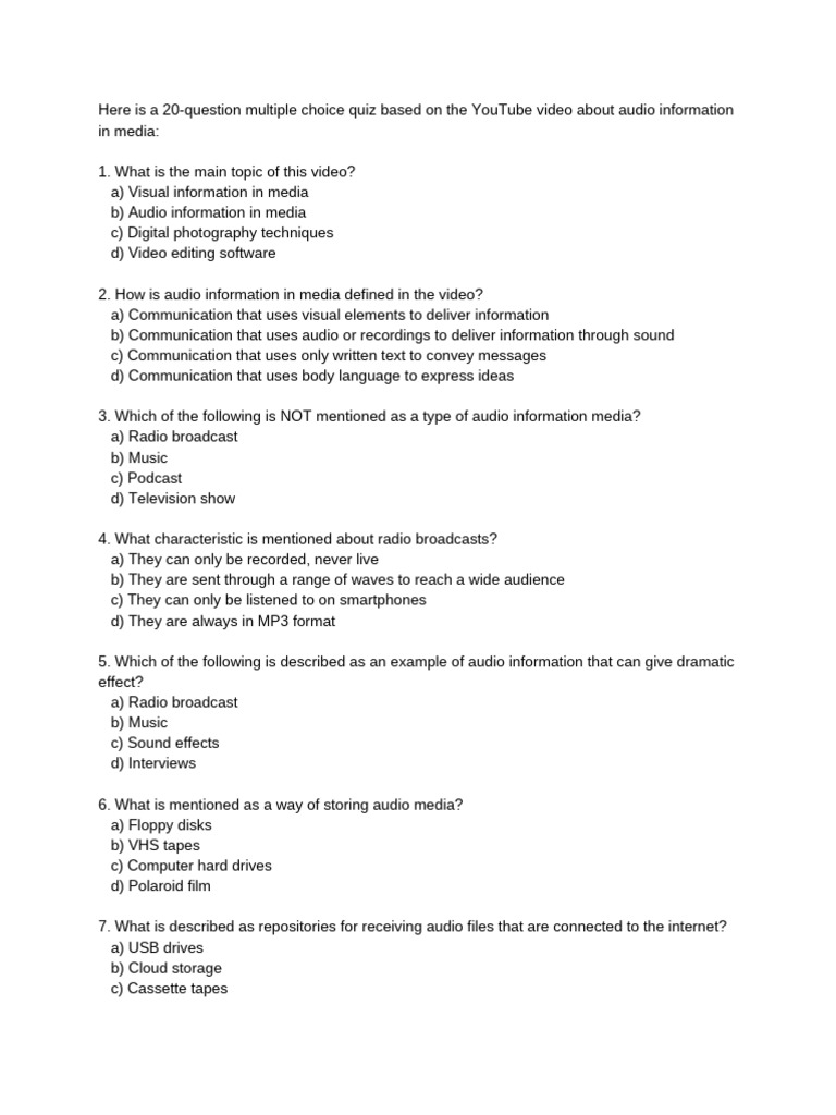 Audio Information in Media Quiz | PDF | Digital Audio | Computing