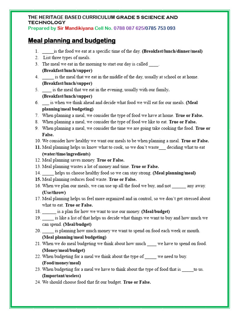 Meal Planning and Budgeting for Kids | PDF | Meal | Lunch