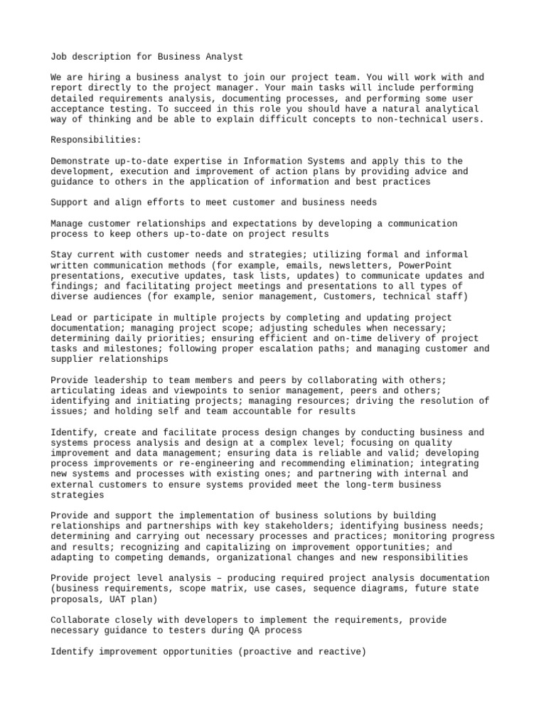 Business Analyst Job Description Sample | PDF | Business