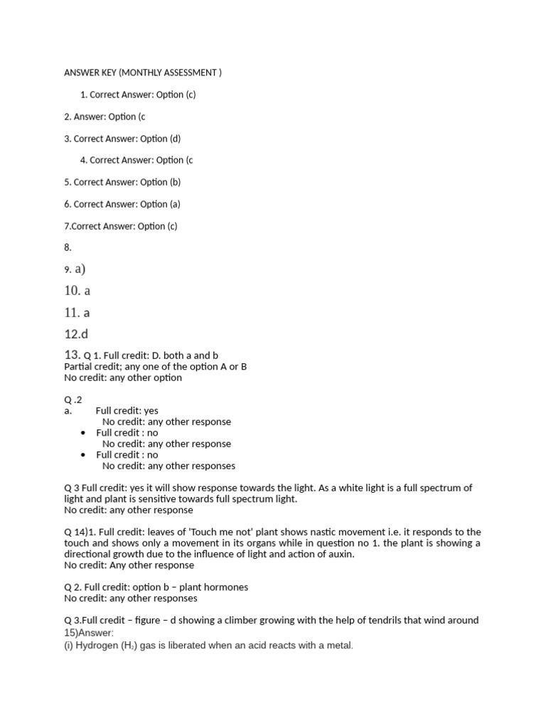ANSWER KEY Class 10 QP Monthly Ass | PDF | Plant Hormone | Acid