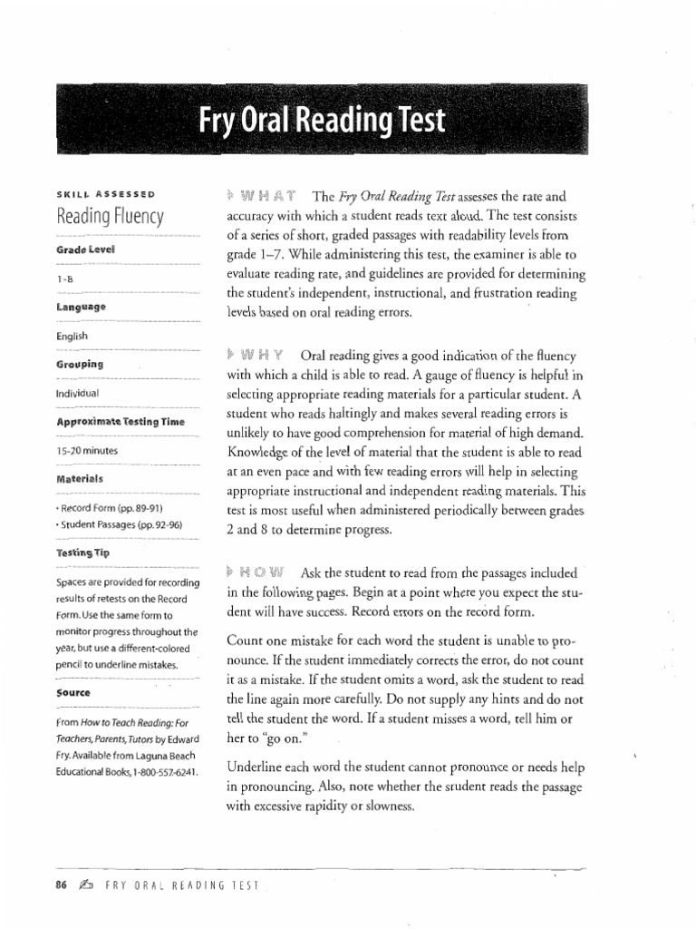 Fry Oral Reading Test | PDF