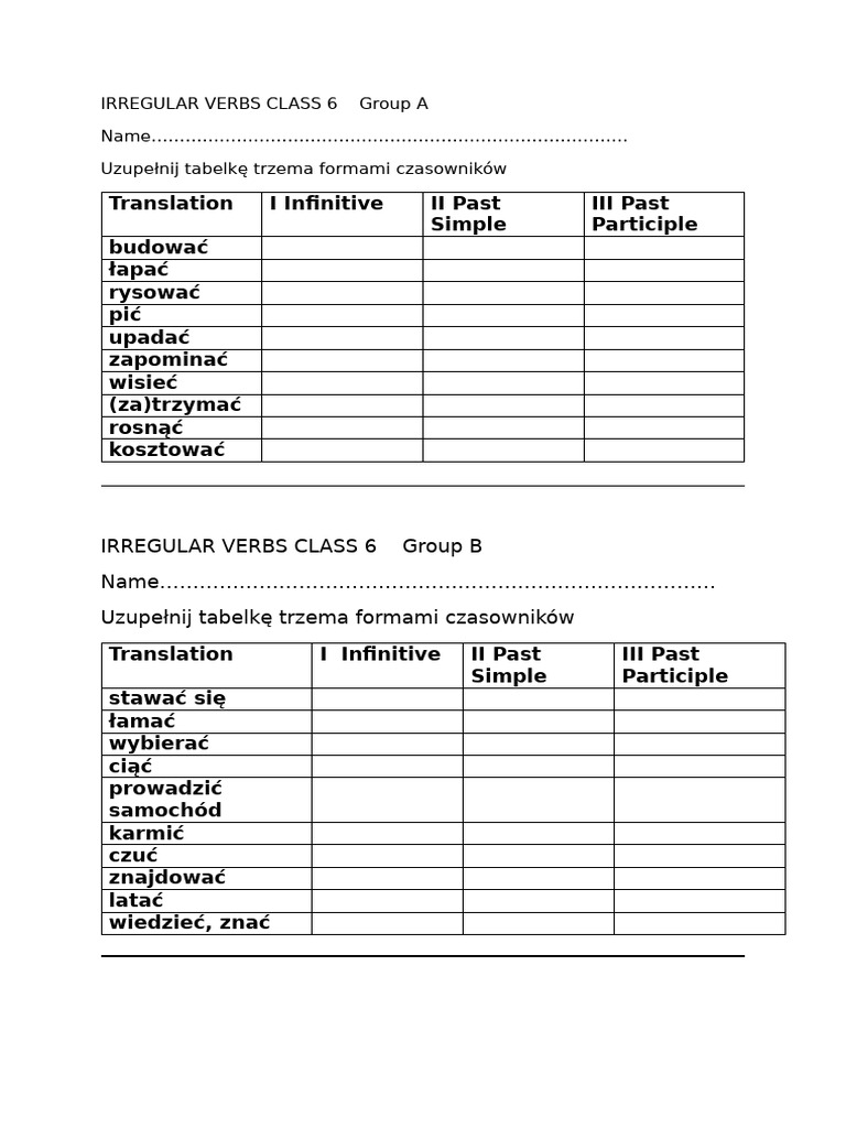 IRREGULAR VERBS CLASS 6 Group A | PDF