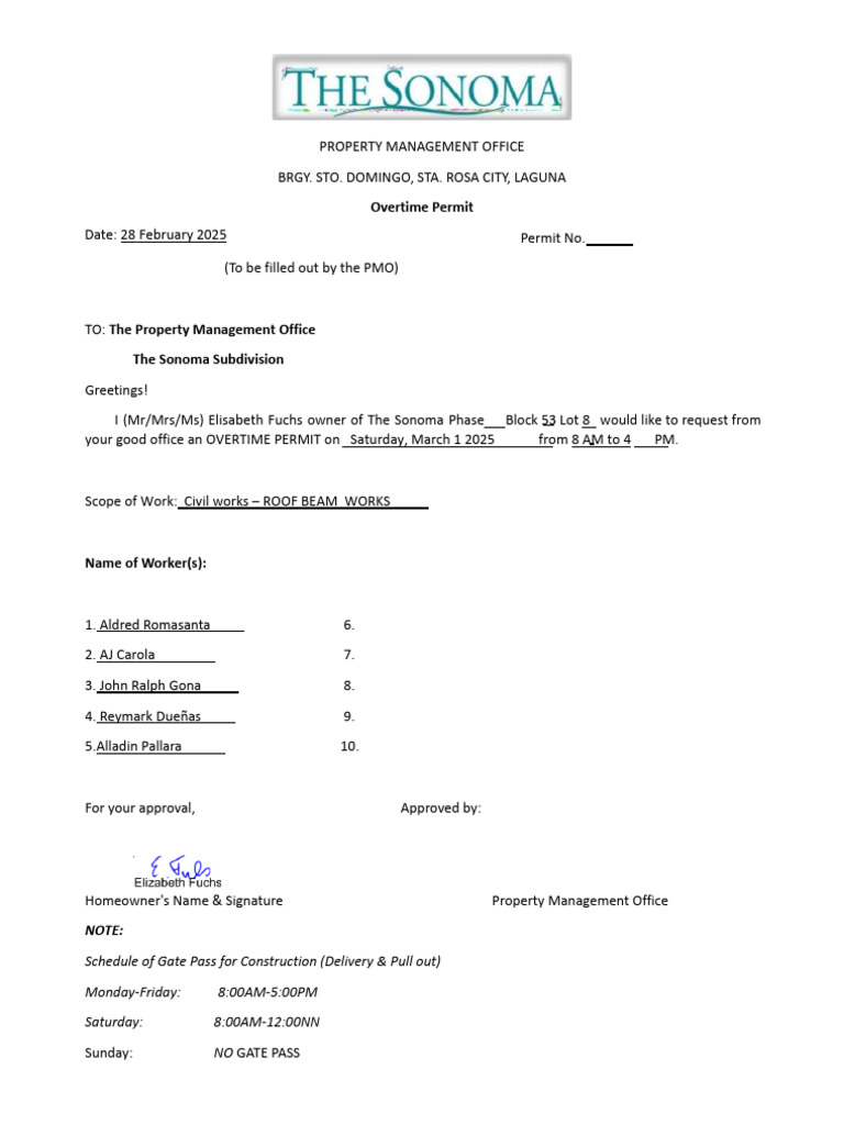 Overtime Permit Request for Roofing Work | PDF