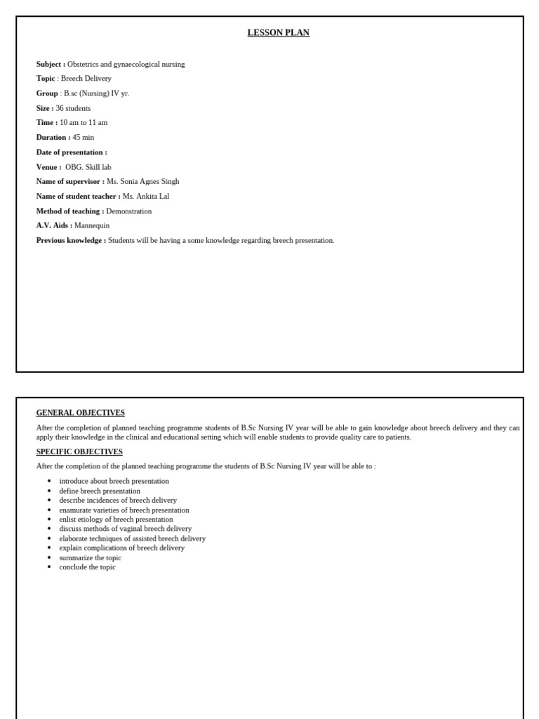 Breech Delivery Lesson Plan | PDF | Childbirth | Maternal Health