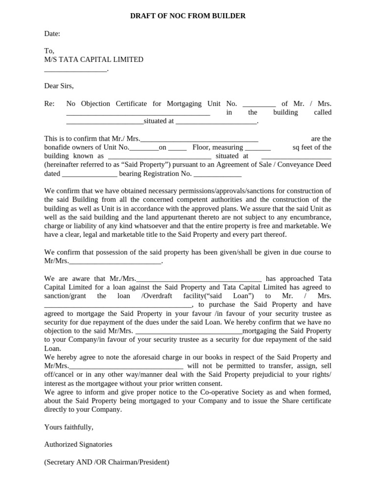 DRAFT OF NOC FROM BUILDER - Commercial - TCL | PDF | Mortgage Law | Personal Finance