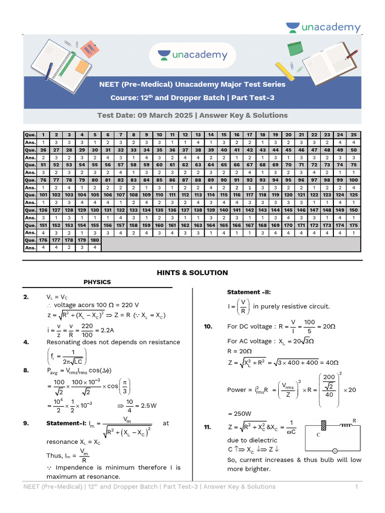 Answer Key - 12th & Dropper - 09-03-2025 | PDF | Inductor | Physical ...