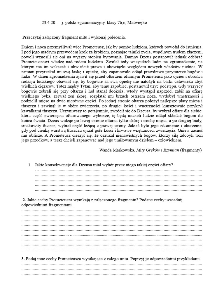 J Polski Egzaminacyjny Klasy 7bc Matwiejko | PDF