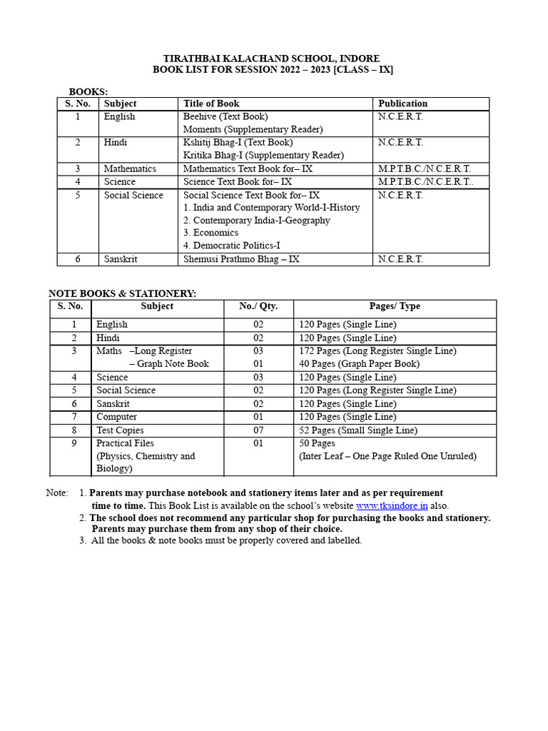 Class IX To XII TKS BOOK LIST 2022-23 | PDF | Books