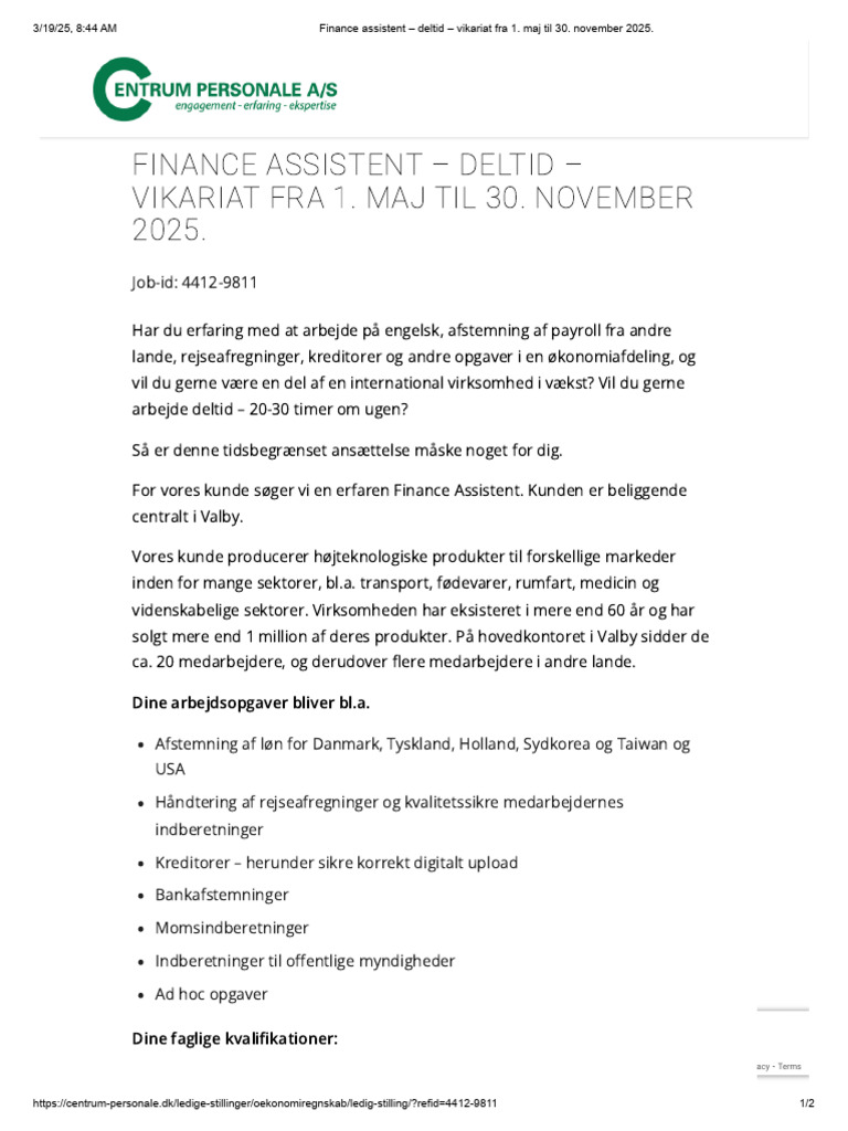 Finance Assistent - Deltid - Vikariat Fra 1. Maj Til 30. November 2025 ...