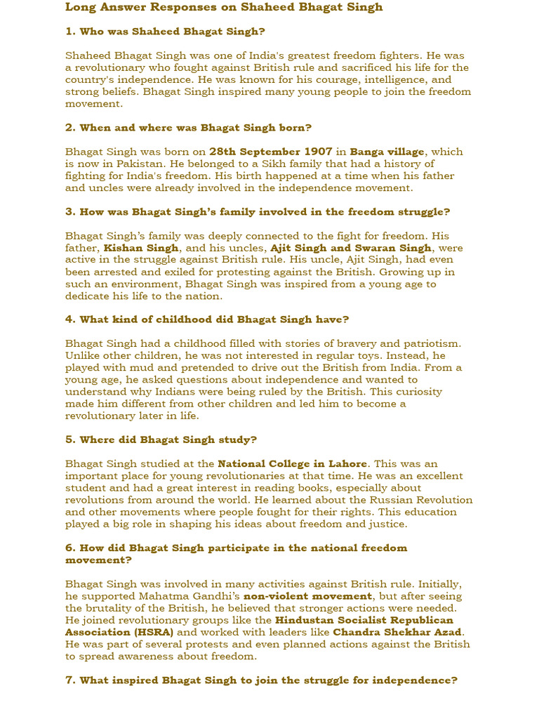 Long Answer Responses On Shaheed Bhagat Singh | PDF
