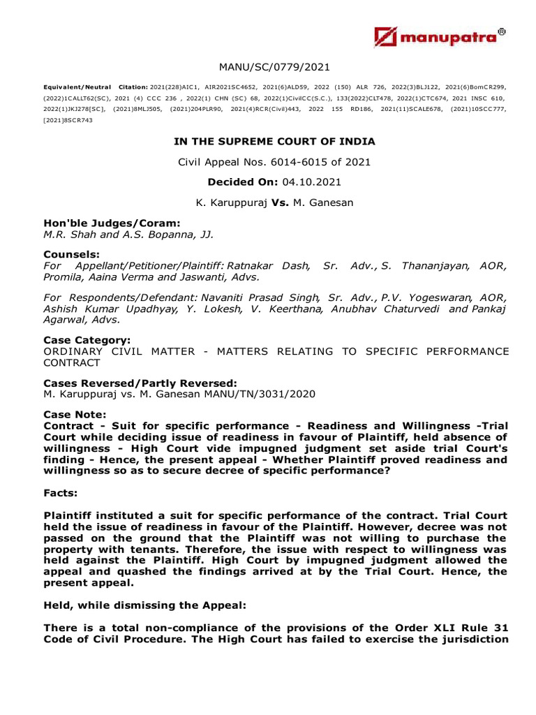 K Karuppuraj Vs M Ganesan 04102021 SCSC20210510211442245COM100585 | PDF | Lawsuit | Judgment (Law)