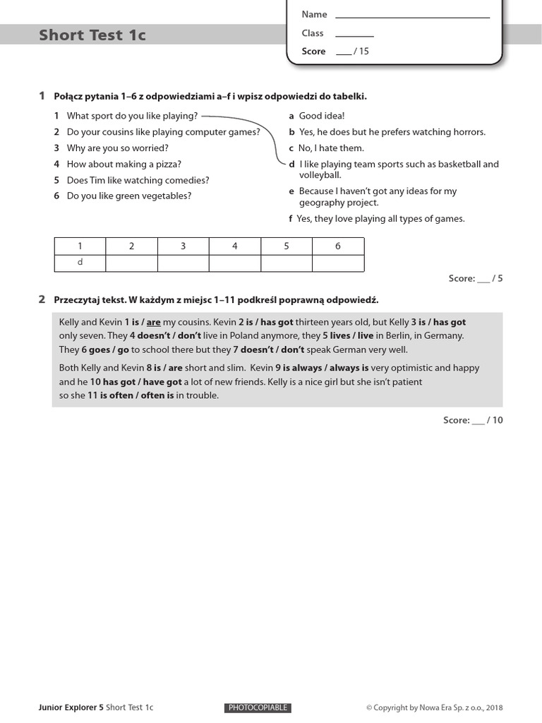 Junior Explorer 5 Unit 1 Short Test | PDF