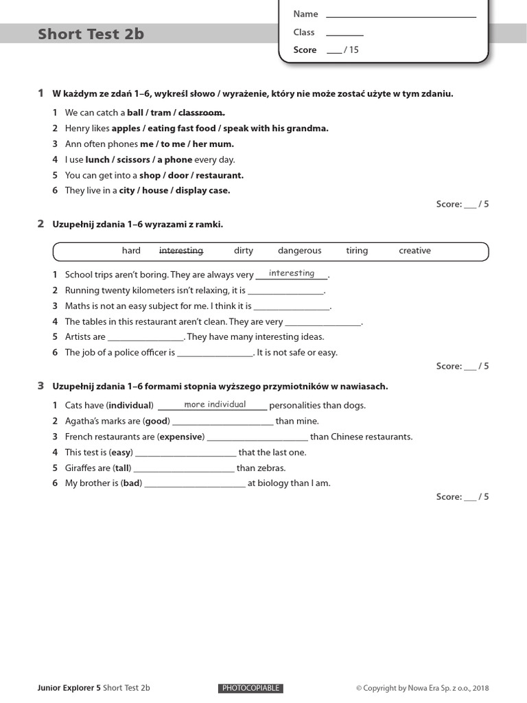 Junior Explorer 5 Unit 2 Short Test B | PDF