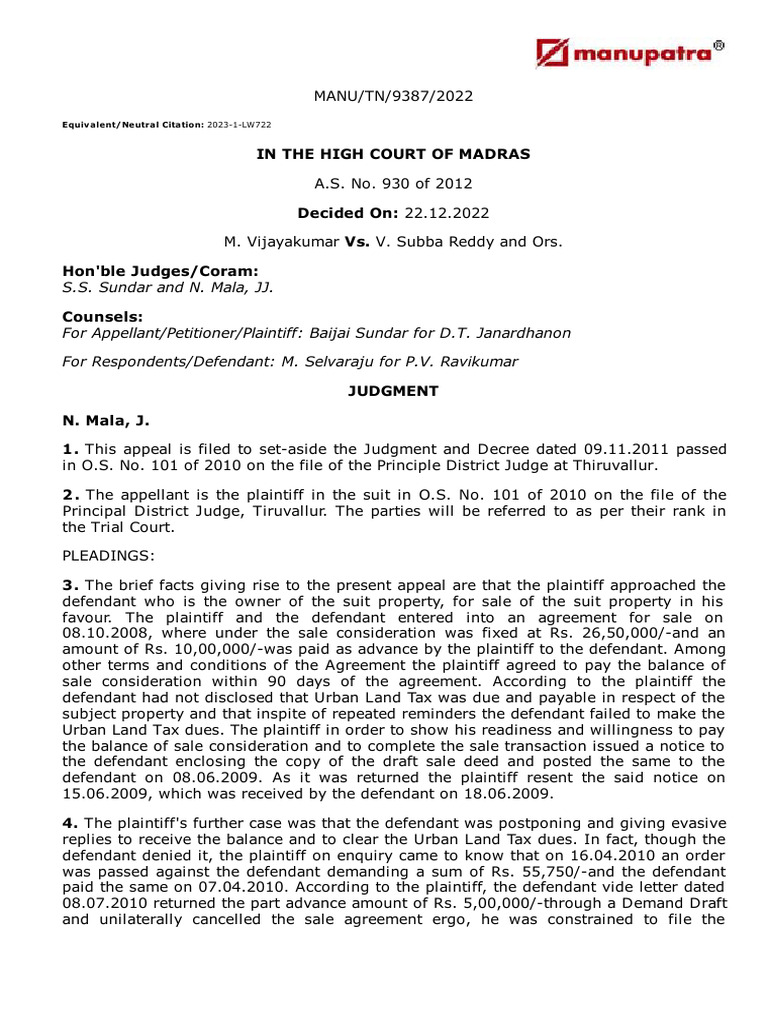 M Vijayakumar Vs V Subba Reddy and Ors 22122022 MTN2022090123175054340COM170910 | PDF | Lawsuit ...