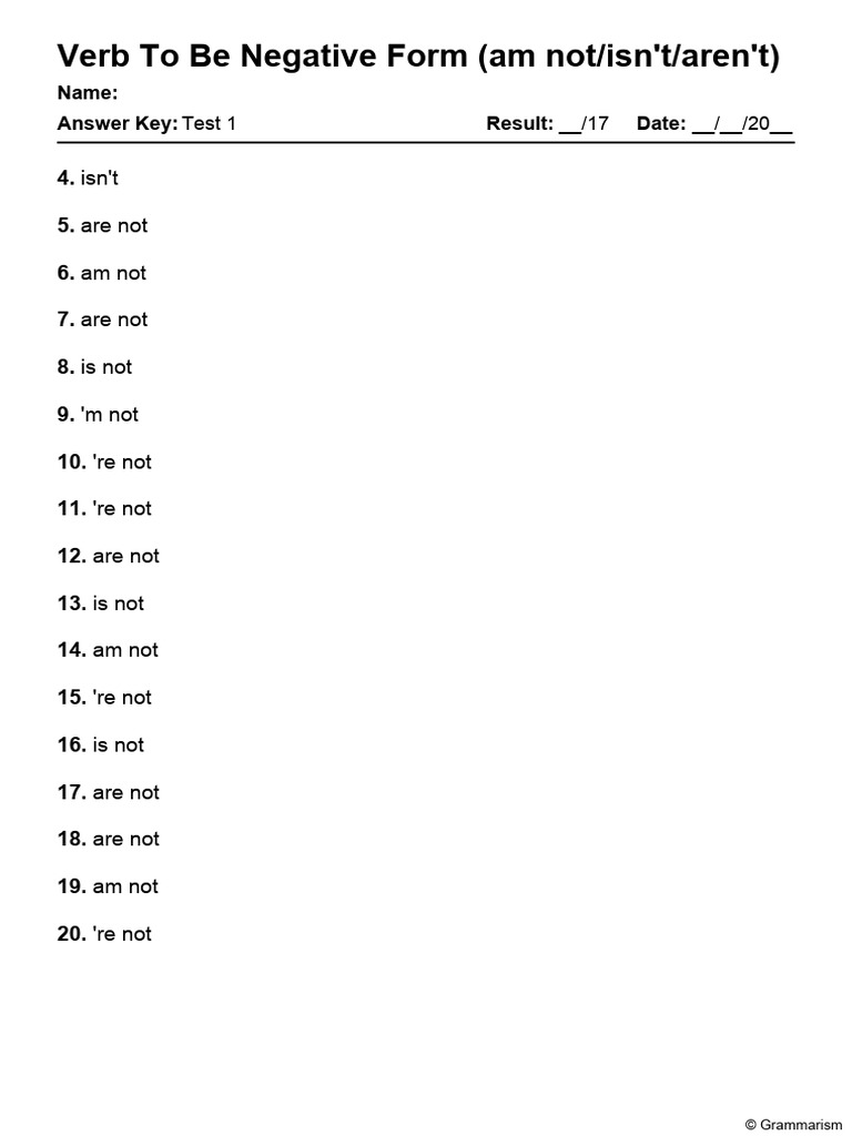Grammarism Verb To Be Negative Test 1 Answers 2757161 | PDF