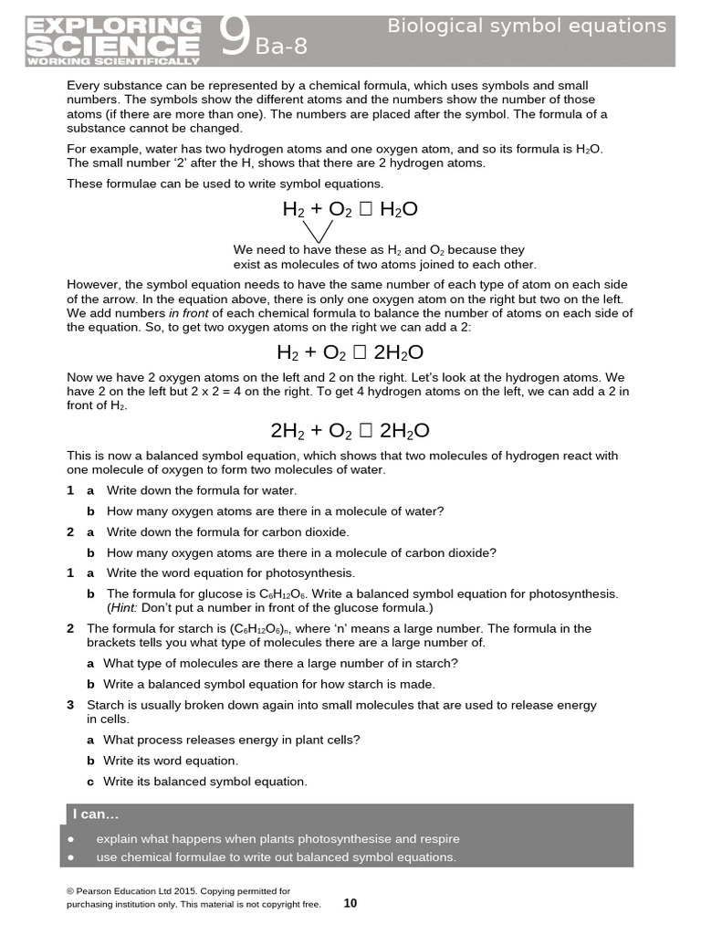 9ba-8 Bio Symbol Equations | PDF | Photosynthesis | Molecules