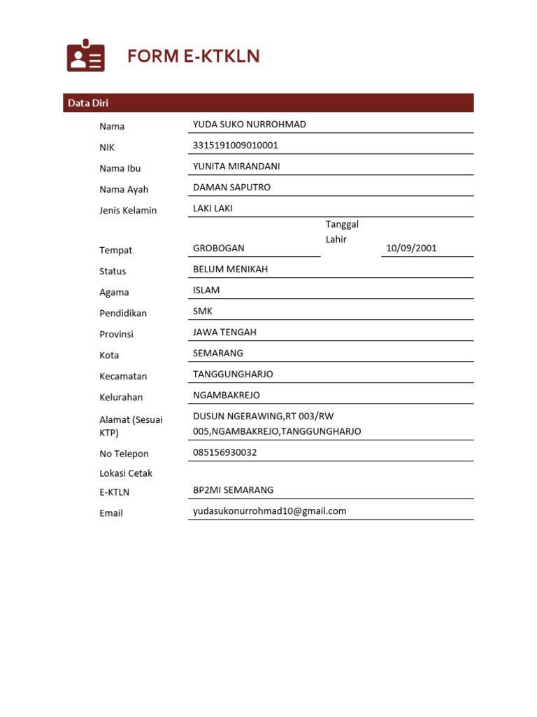 Formulir (Untuk Proses E-KTKLN)-1 | PDF