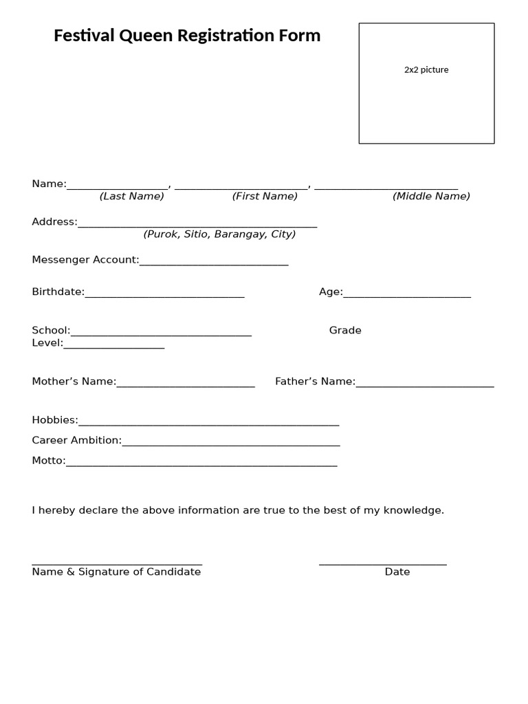 Festival Queen Registration Form 2025 | PDF