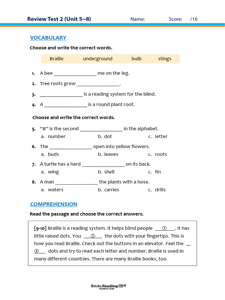 Bricks Reading 120 Nonfiction - L2 - Review Test 2 (Units 05-08) | PDF ...
