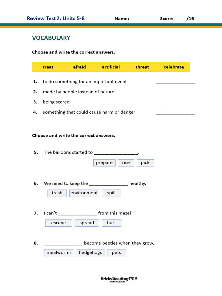 Vocabulary and Comprehension Review Test | PDF