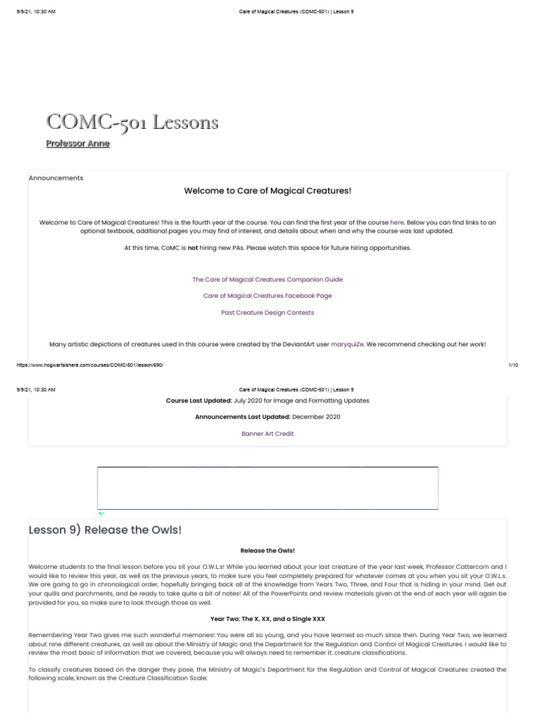 Care of Magical Creatures (COMC-501) - Lesson 9 | PDF