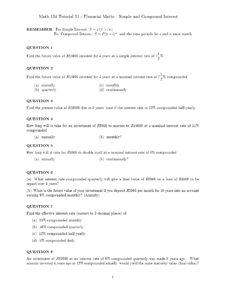 Math 134 Tutorial 11 - Financial Maths - Simple and Compound | PDF