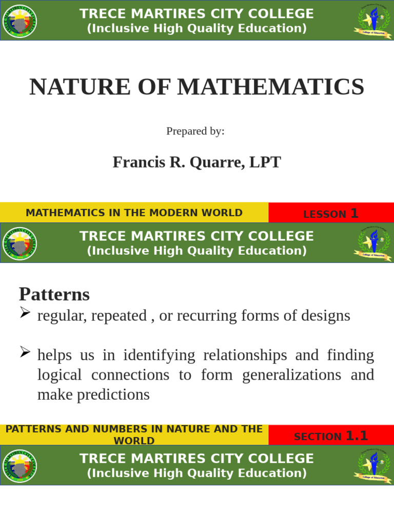 Lesson 1 - Nature of Mathematics | PDF | Pattern | Mathematics