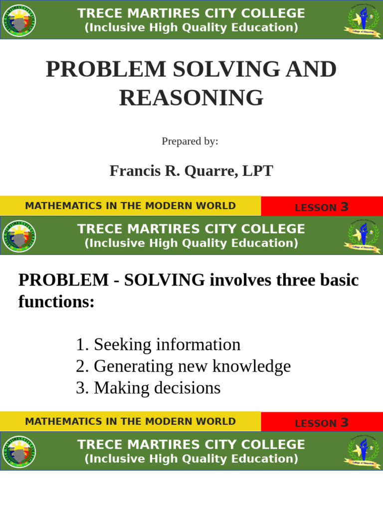 LESSON 3 - PROBLEM SOLVING AND REASONING | PDF | Reason | Inductive Reasoning