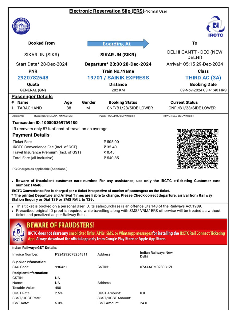 Ticket From Sikar To New Delhi | PDF | Identity Document