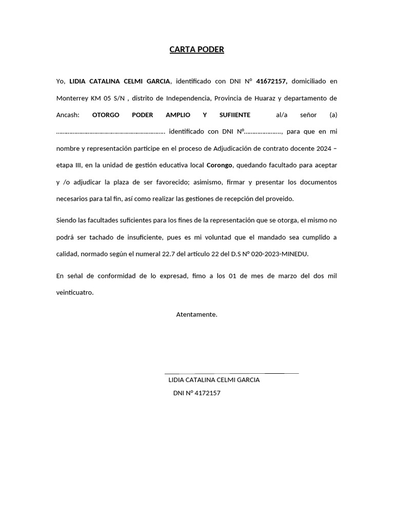 Carta Poder para Adjudicación Docente 2024 | PDF