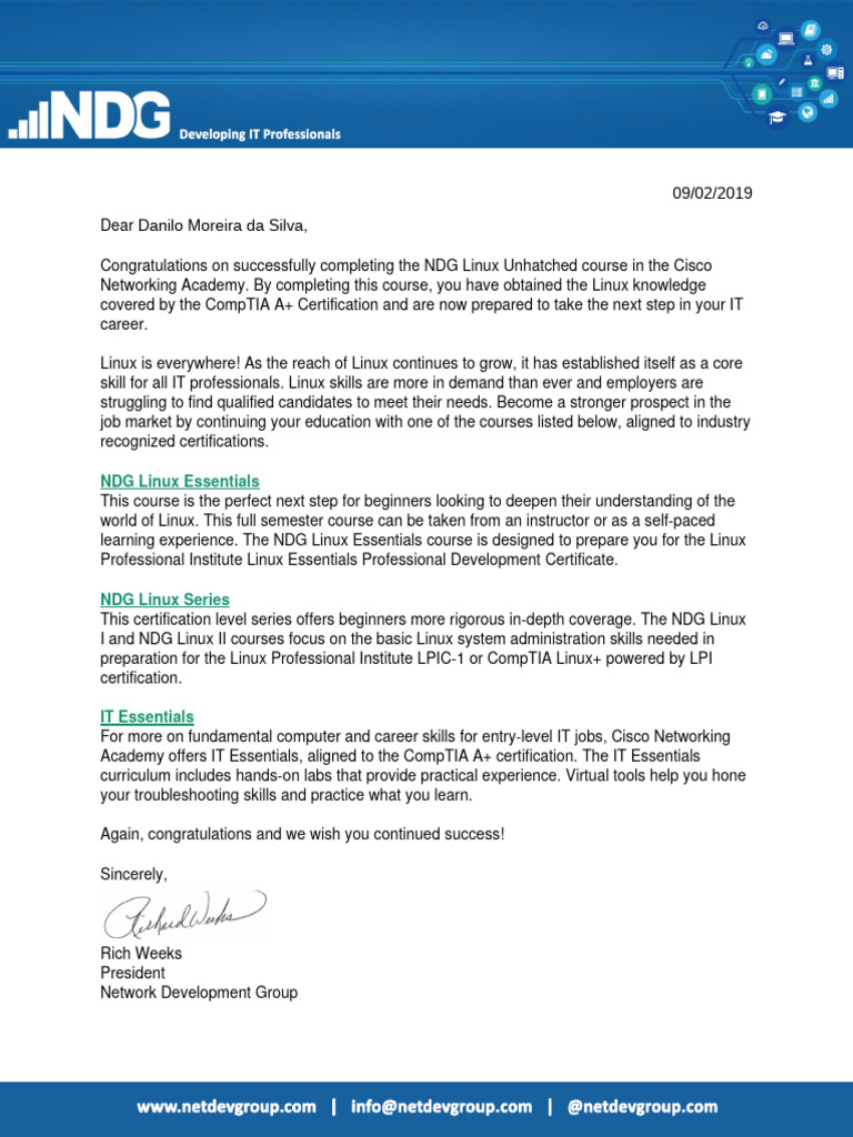 DaniloMoreira Da Silva-NDG Linux Unhatched - Certificate | PDF