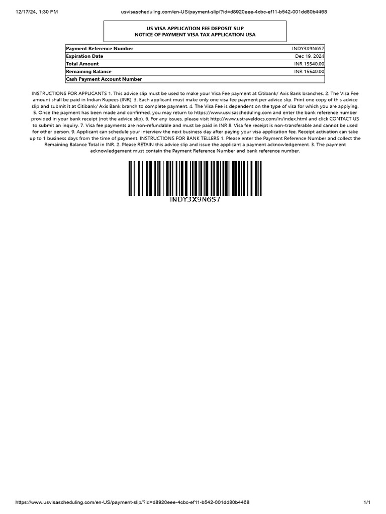 US Visa Application Fee Deposit Slip | PDF | Payments | Fee