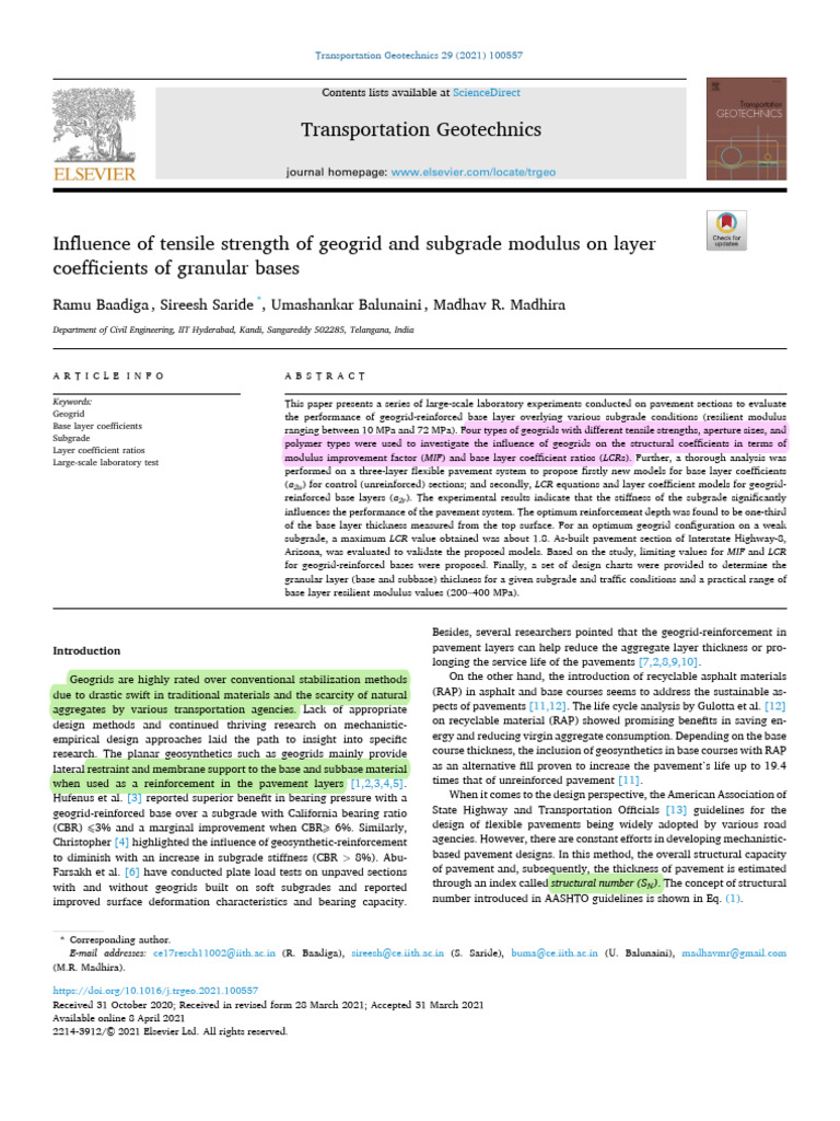 2021, Ramu Baadiga Et Al. Influence of Tensile Strength of Geogrid and ...