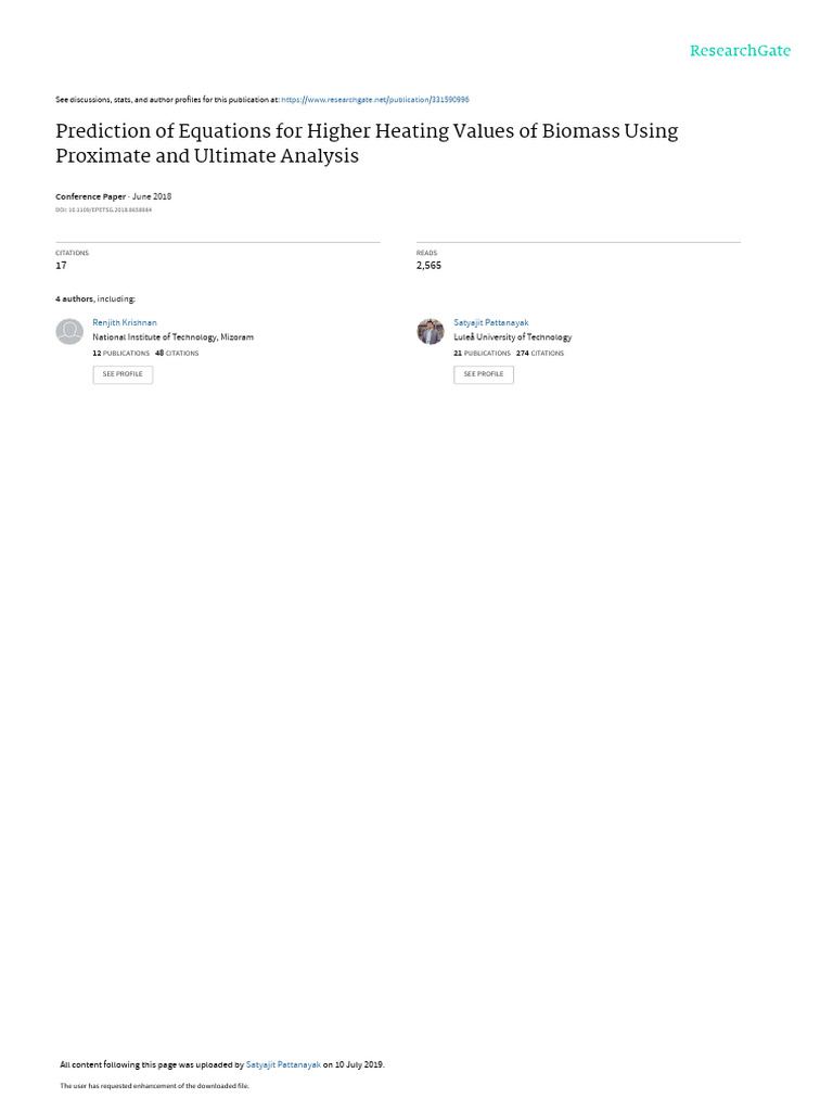 Prediction of Equations For Higher Heating Values of Biomass Using Proximate and Ultimate ...