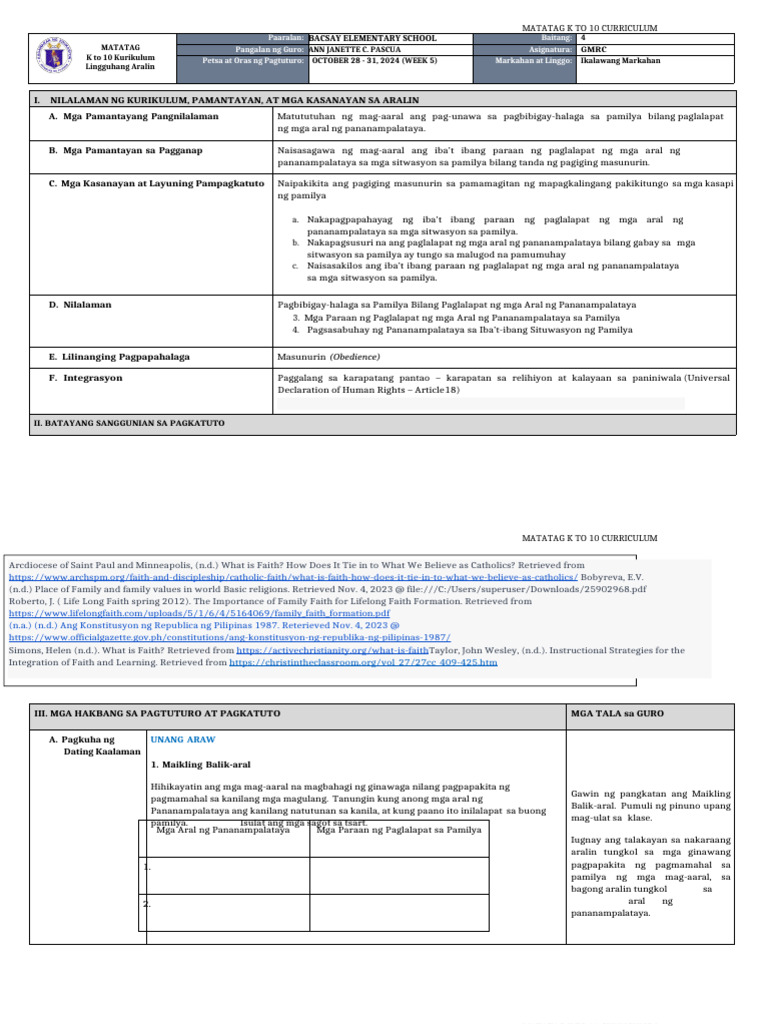 DLL Matatag - GMRC 4 Q2W5 | PDF