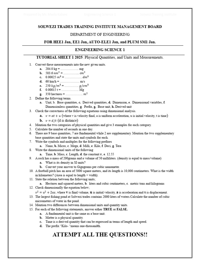 ENGINEERING SCIENCE TUTORIAL SHEET ONE | PDF | Kilogram | Litre