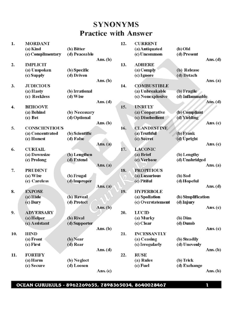 Synonyms Practice Sheet with Answer pdf | PDF