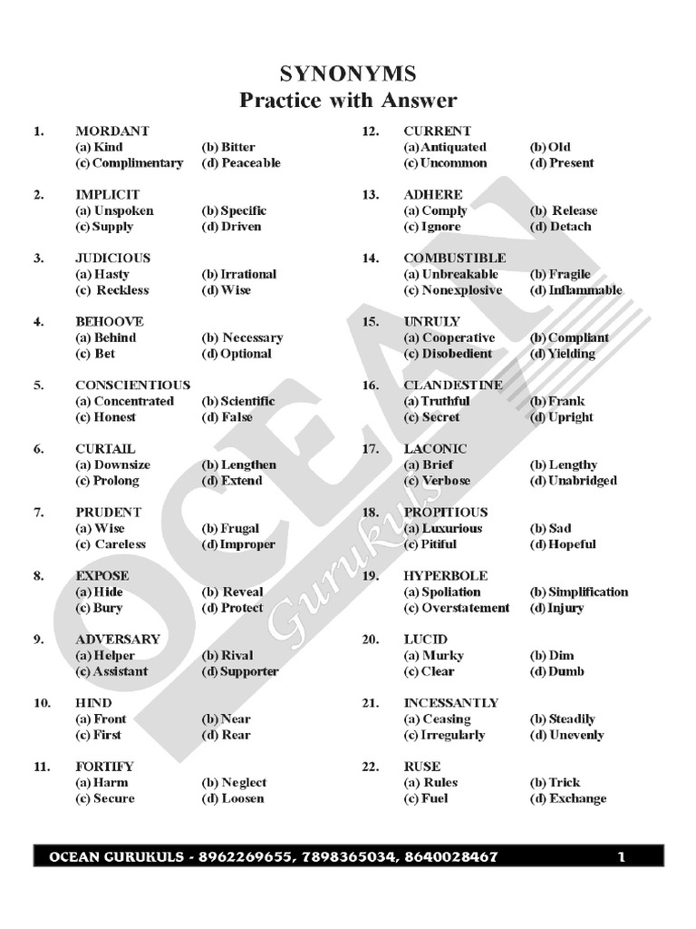 Synonyms & Antonyms Practice Sheet PDF | PDF