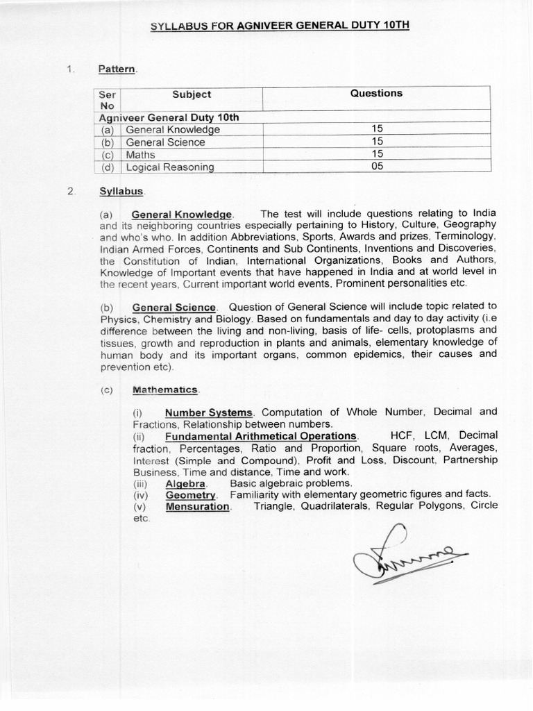 Agniveer INDIAN ARMY General Duty 10th Syllabus | PDF