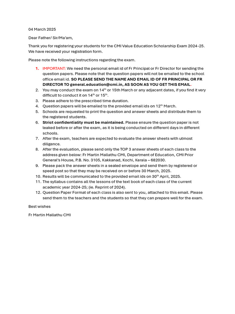 Instructions Regarding The Scholarship Exam | PDF