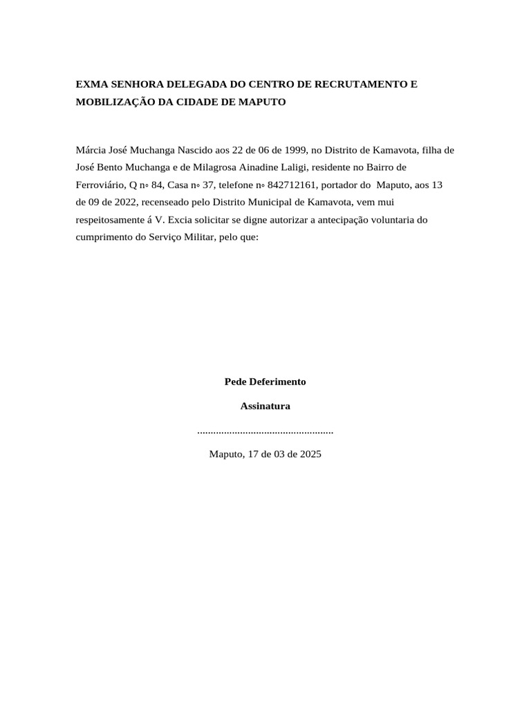Exma Senhora Delegada Do Centro de Recrutamento e Mobilização Da Cidade ...