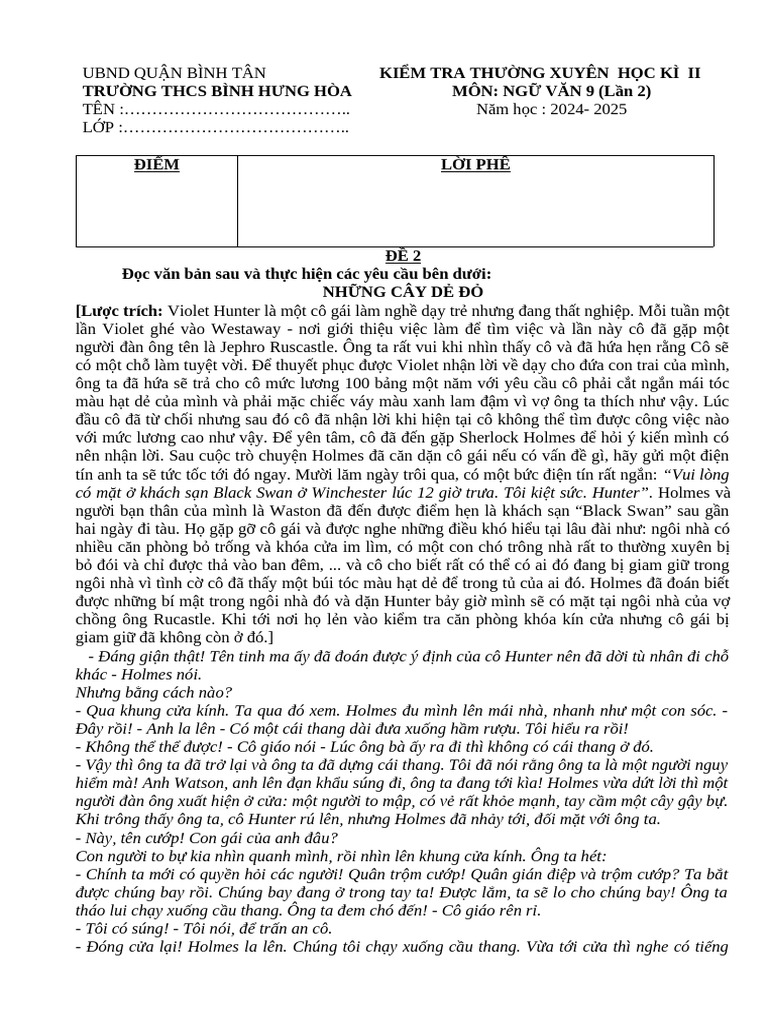 VĂN 9- ĐỀ 2- KTTX LẦN 2 HKII | PDF