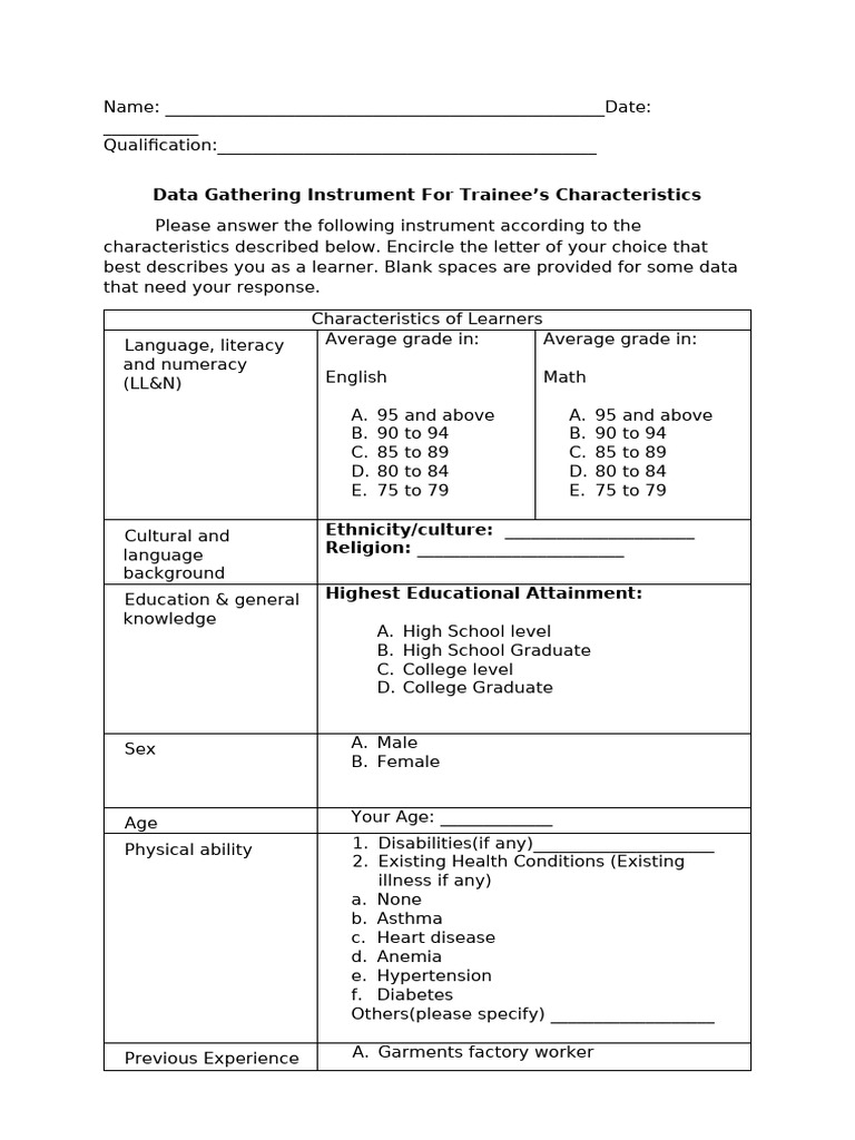 Data Gathering Instrument For Trainee | PDF | Learning | Cognition