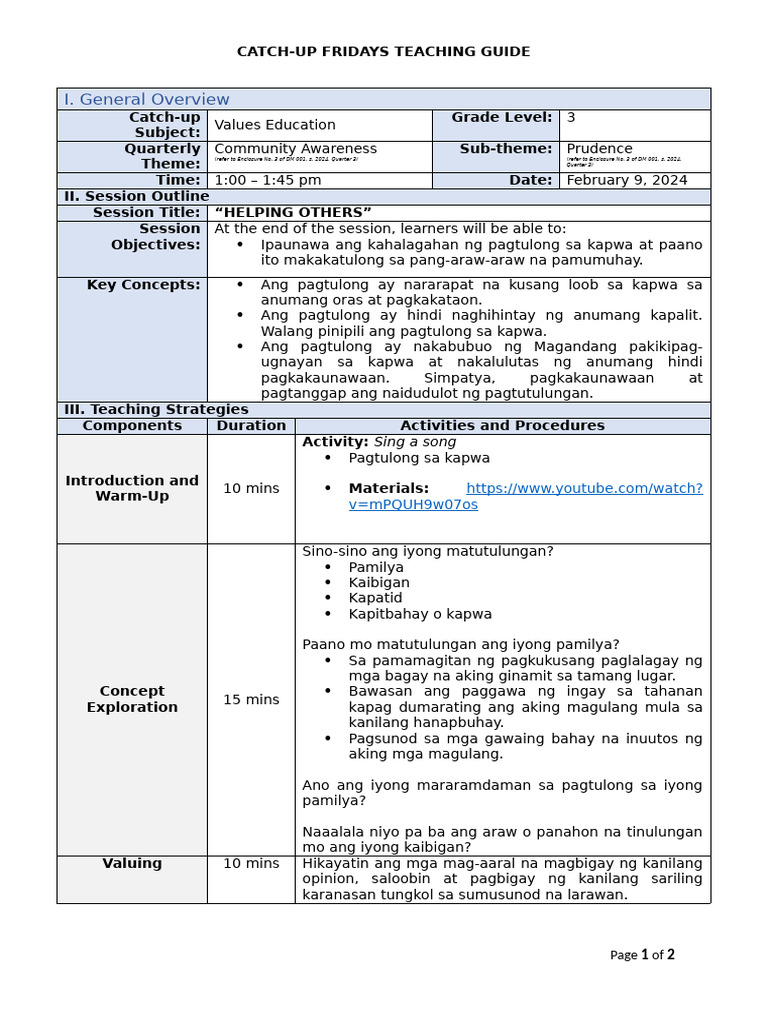 GRADE 3 SESSION GUIDE-VALUES-february 16 | PDF