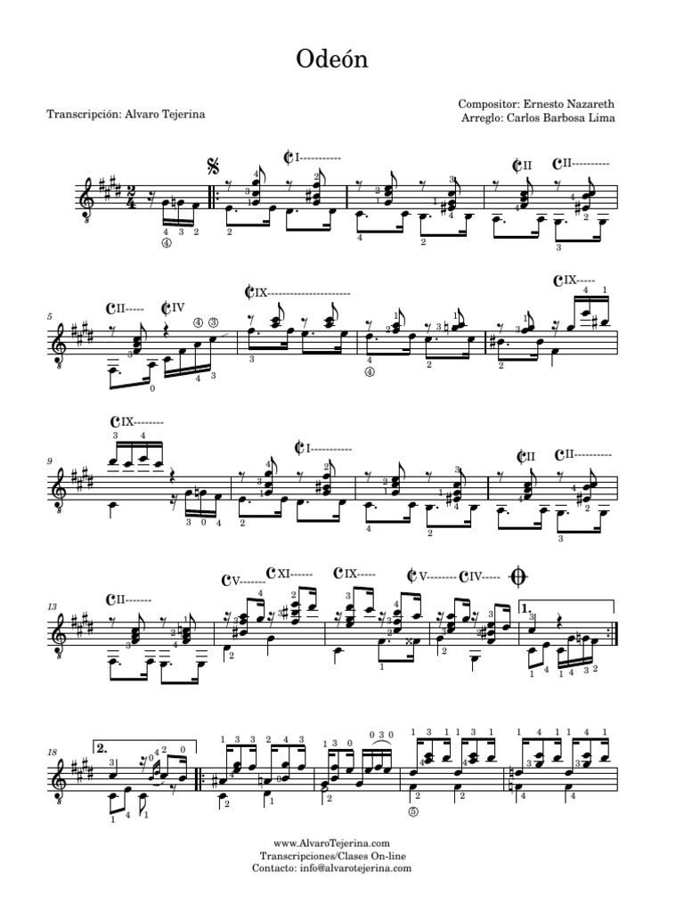 Odeon (Ernesto Nazareth) Arr. Carlos Barbosa Lima Trans. Alvaro Tejerina | PDF