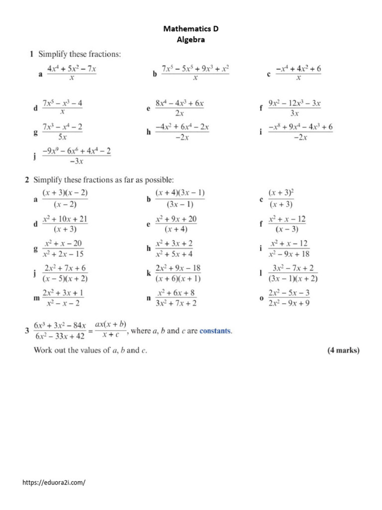 Algebra Worksheet 1 | PDF