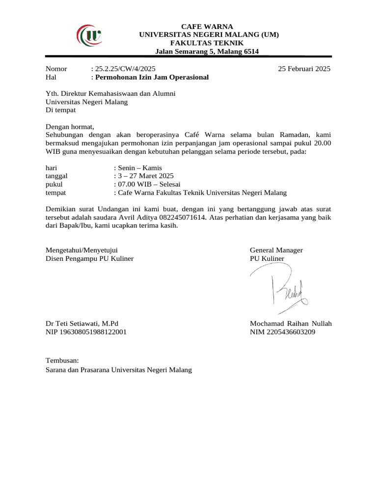 4 - Surat Permohonan Izin Jam Operasional | PDF